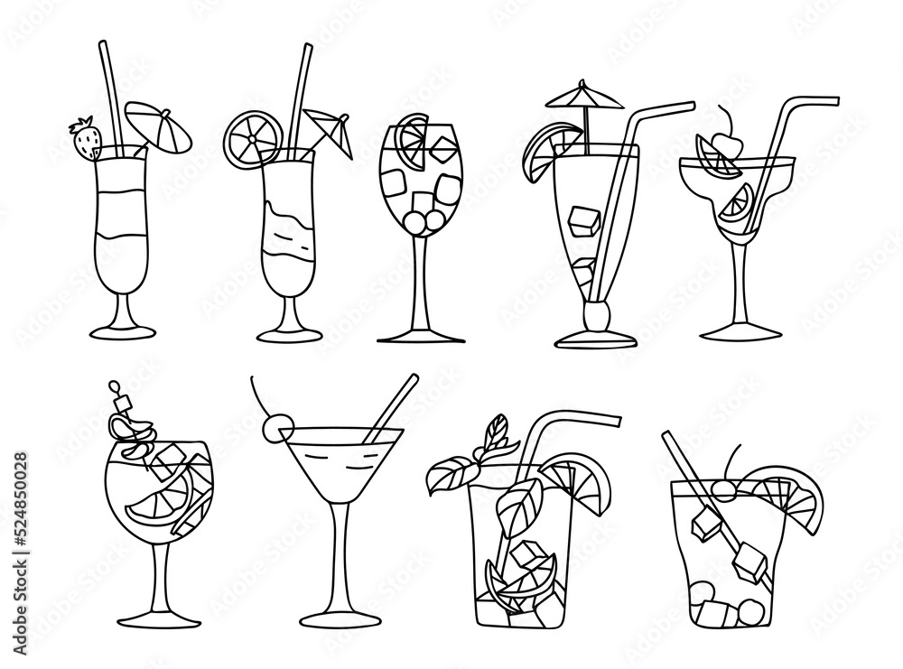 Cold summer cocktail doodle illustration set in vector. Cocktail hand ...