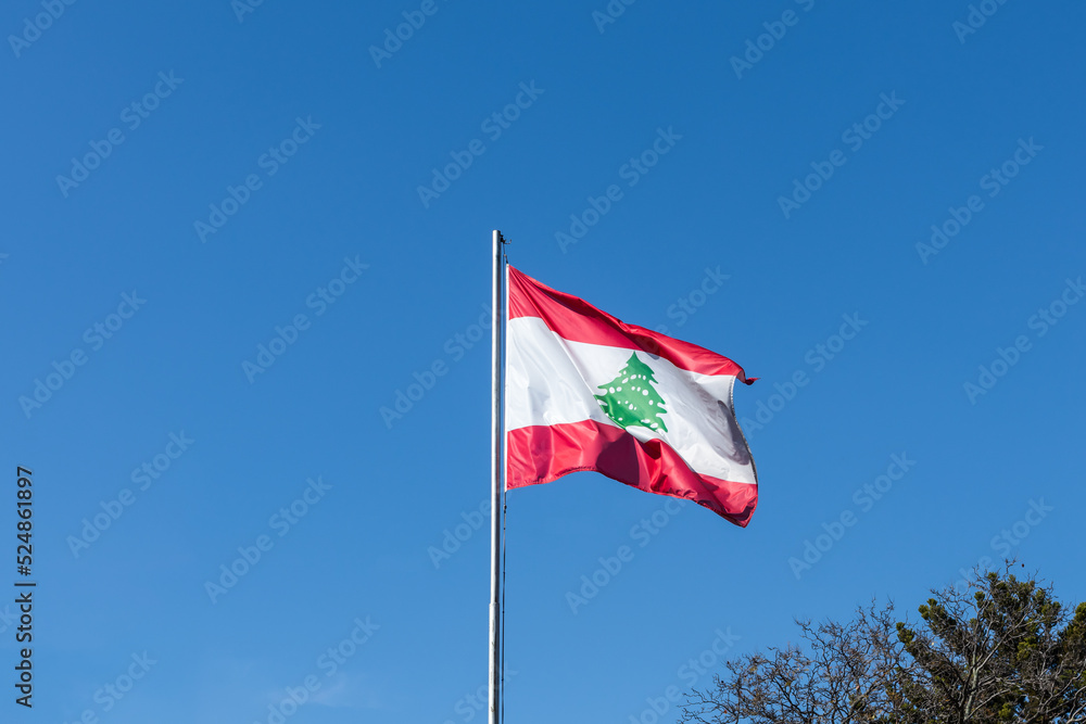The Lebanese flag waving on a flag pole against the blue sky Stock ...