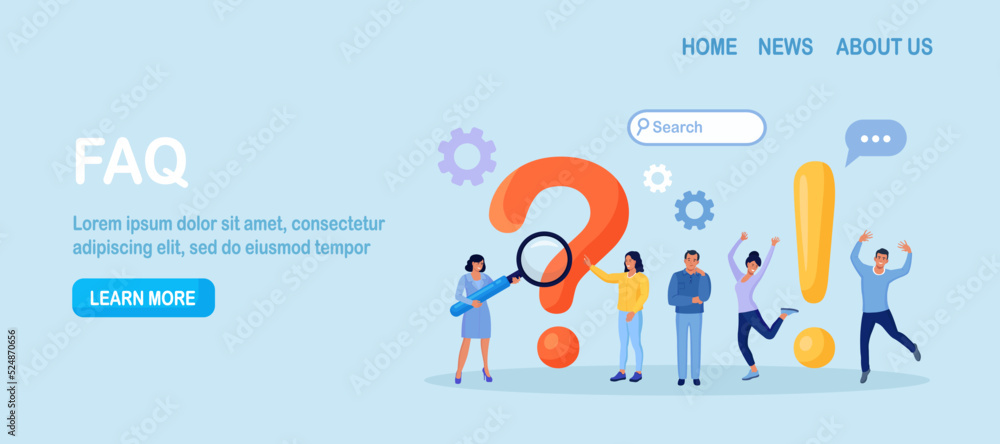 Frequently Asked Questions. Business People Standing near Exclamations and Question Marks ...