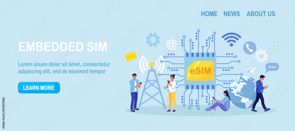 Embedded sim card on microcircuit. Young people use modern mobile phone ...