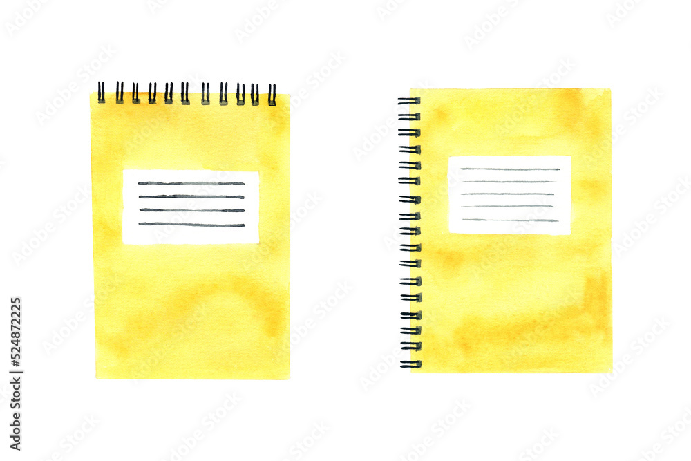 A set of yellow notebooks with space for notes. Watercolor illustration ...