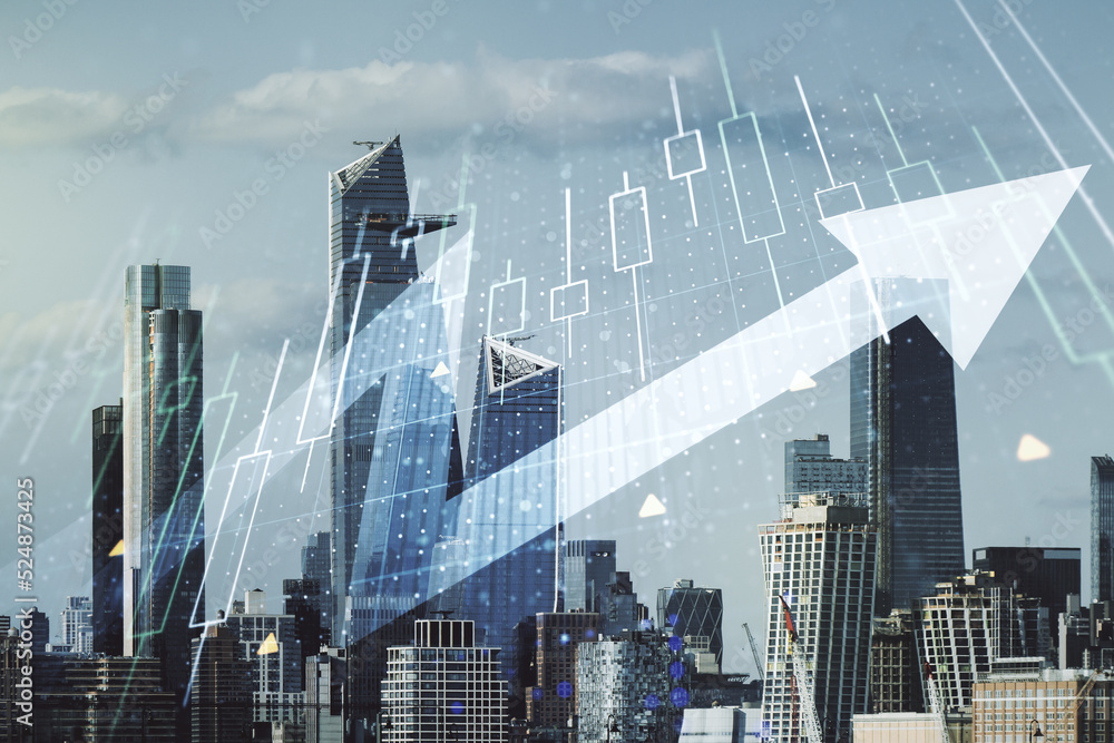 Abstract creative financial diagram and upward arrow hologram on New ...