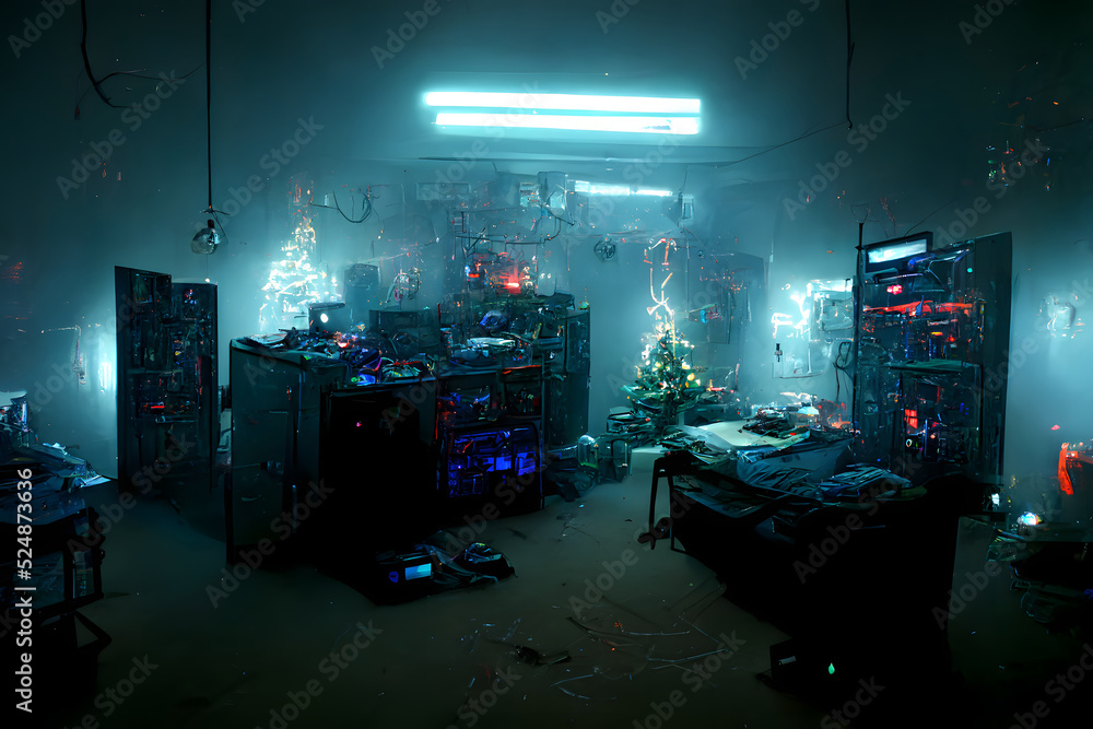 messy and dark cyberpunk hacker hideout room with cyan christmas lights ...