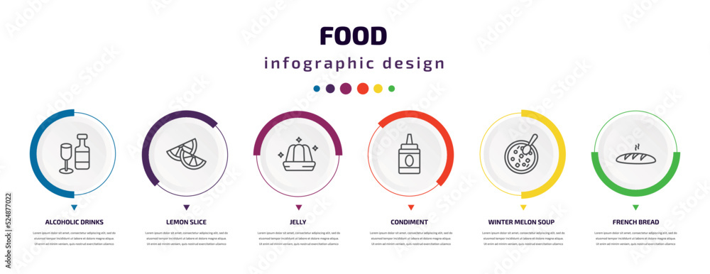 food infographic element with icons and 6 step or option. food icons ...