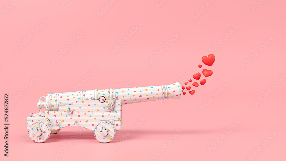 3D Illustration concept of a cannon of love that shoots hearts instead ...