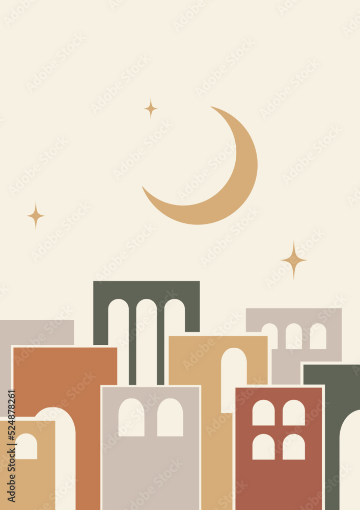 Architecture elements and moon poster illustration. Modern aesthetic ...