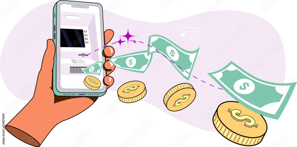 Receiving money using an ATM machine by banking mobile app holding hand ...