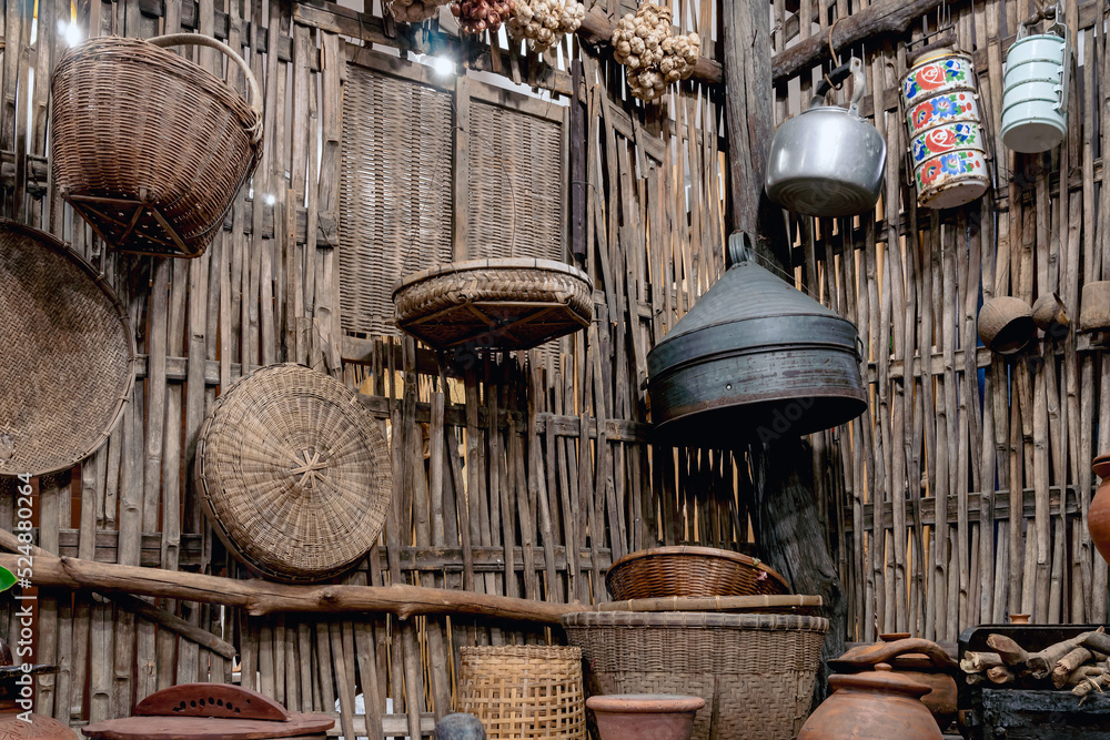 Variety and types of utensils for simple cooking of Asian families in ...