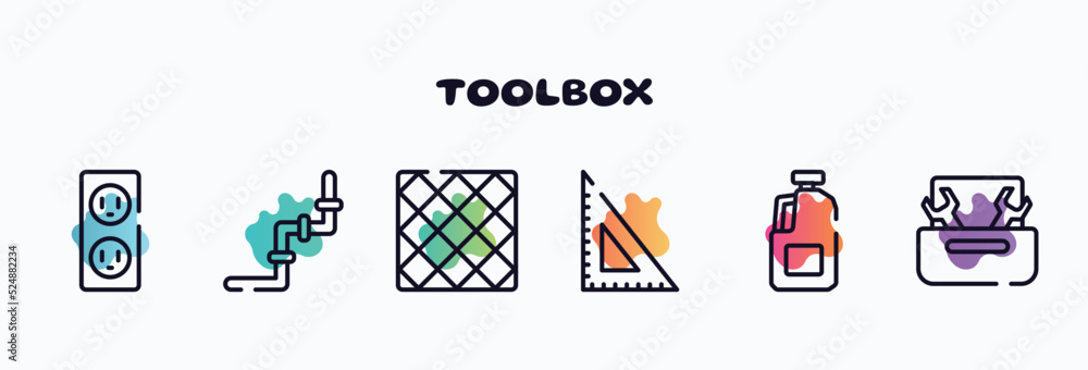 toolbox outline icons set. thin line icons such as electric socket, junction, tile, null, gallon ...