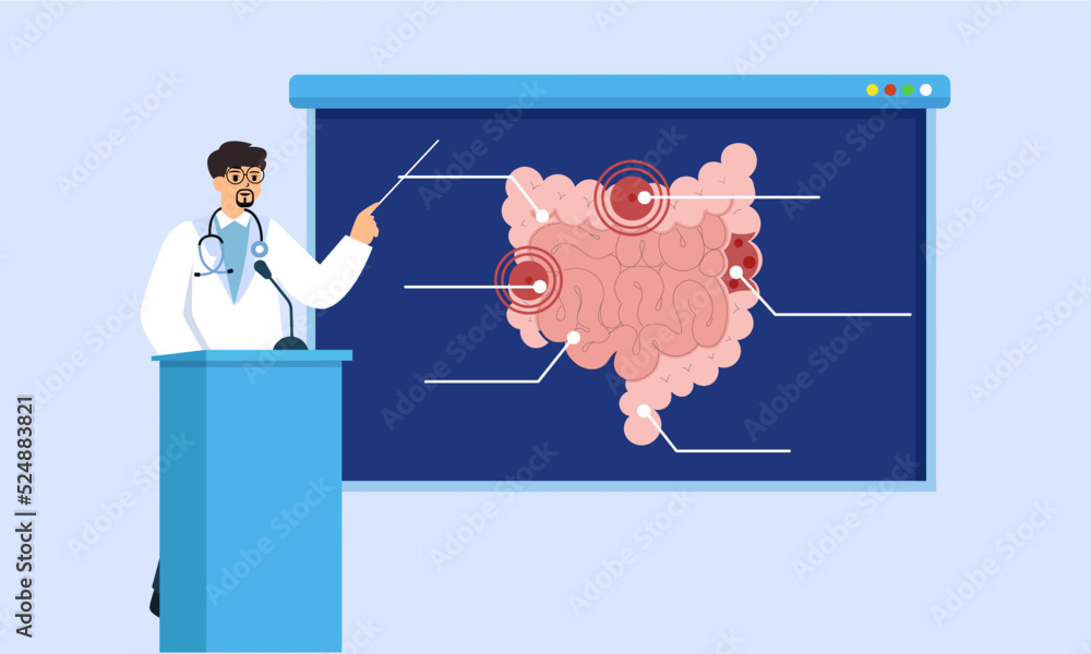 Doctor explaining Human large intestine anatomy. doctor at conference ...