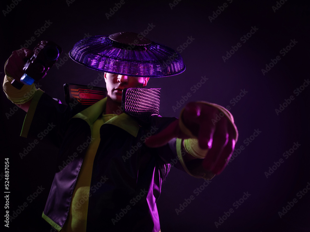 Cyborg killer in an Asian hat, a futuristic character in a fighting ...