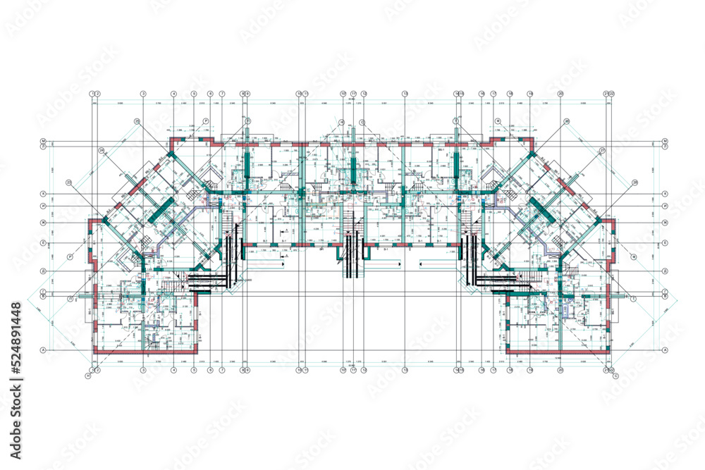 Apartment building detailed architectural technical drawing, vector ...