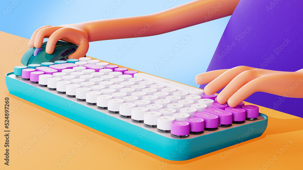 Cartoon character is working at a computer. Hands on the keyboard and ...