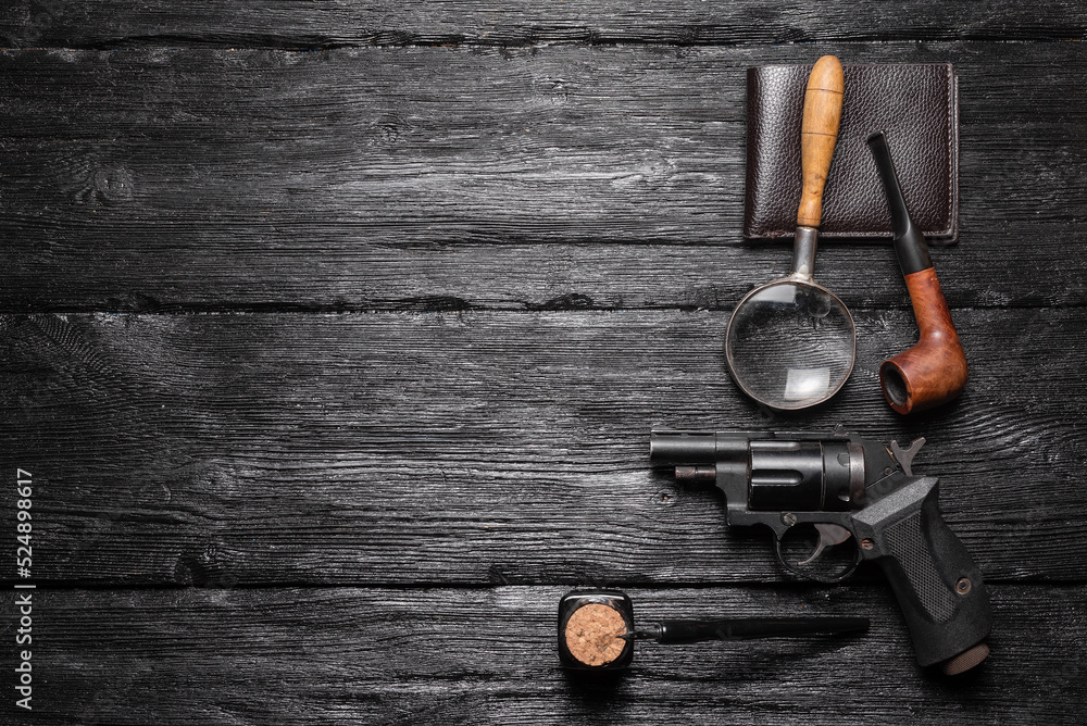 Detective desk table concept flat lay background with copy space. Stock ...