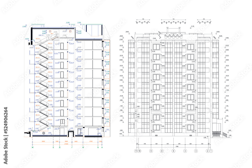 Multistory Building Detailed Architectural Technical Cross Section Drawing Vector Blueprint
