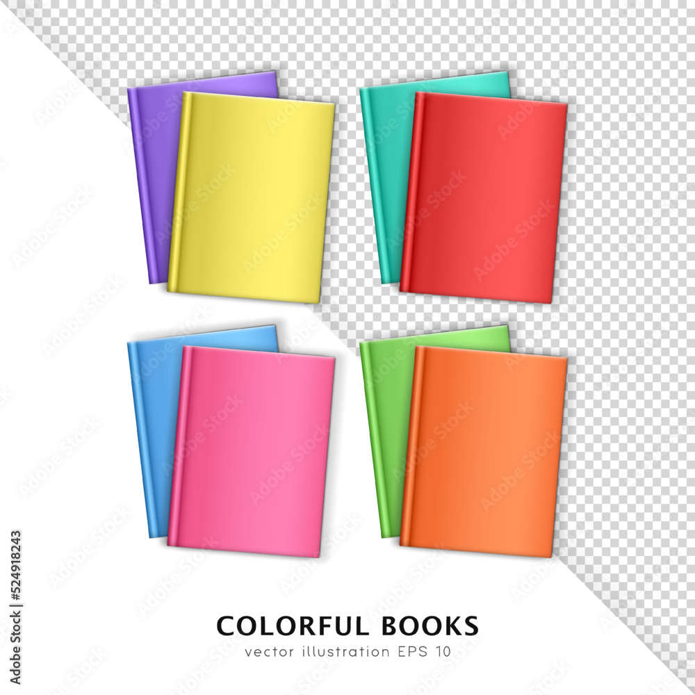 Top view of realistic 3d colorful hardcover books isolated on white and ...