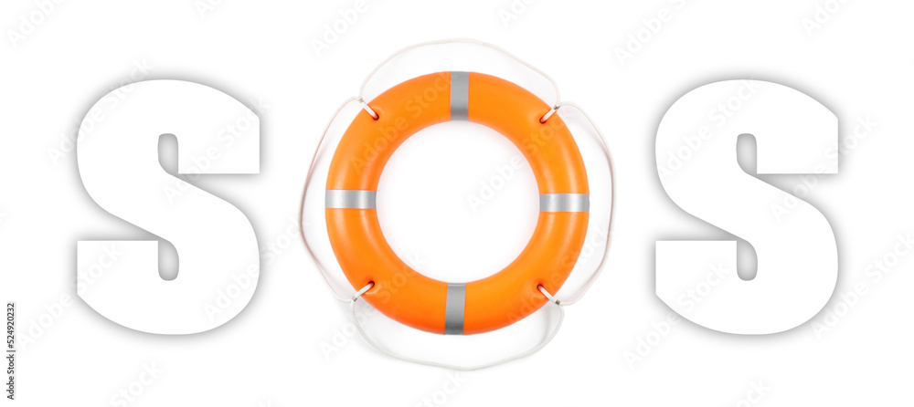 SOS message made from lifebuoy and letters on white background. Banner ...