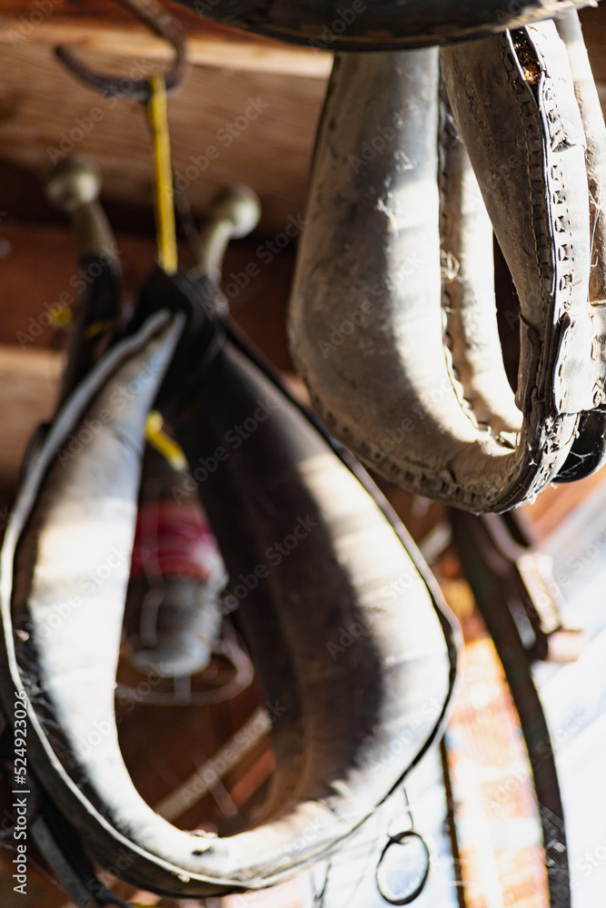 This is a digitally enhanced image of old horse collars hanging from ...