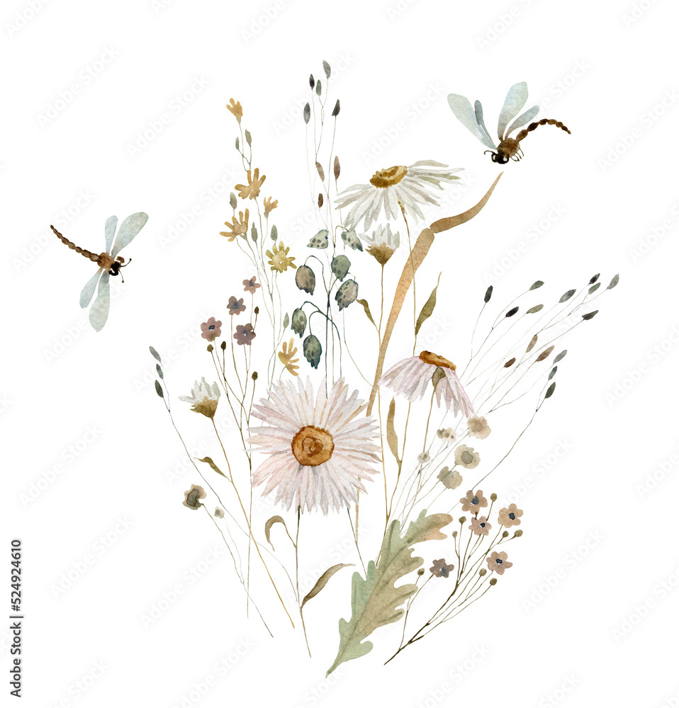 Boho wildflowers, herbs bouquet painted in watercolor. Dried pampas ...