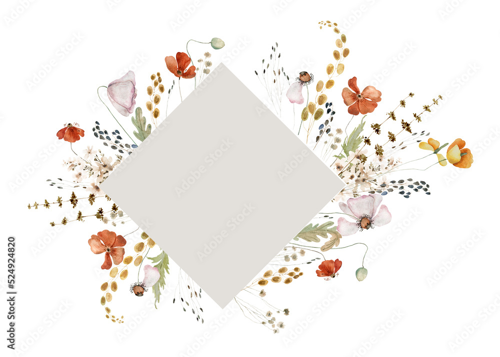 Boho wildflowers, herbs border painted in watercolor. Dried pampas ...