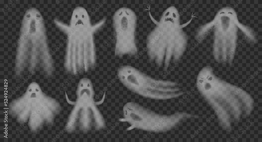 Transparent ghost. Translucent ghosts shadow halloween spooky creatures ...