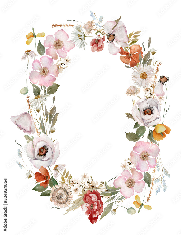 Boho wildflowers, herbs border painted in watercolor. Dried pampas ...