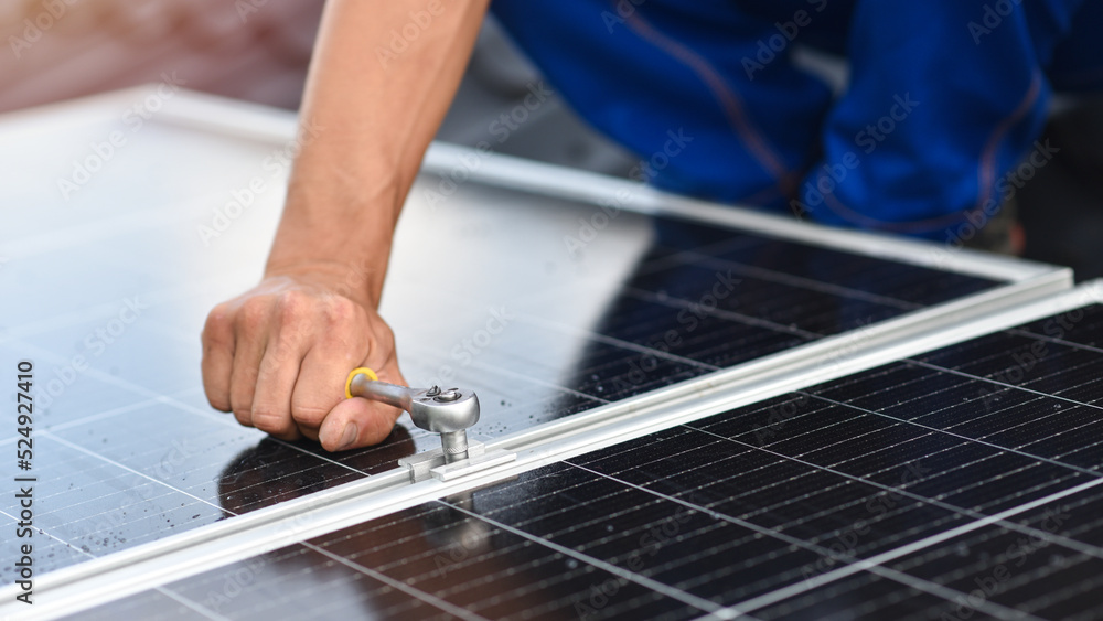 Rooftop solar power system. Fixation and adjusting the height of the ...