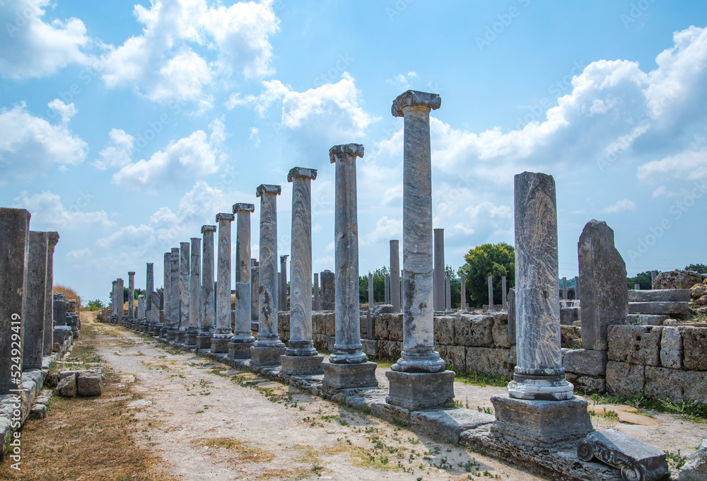 Roman ruins. Colonnaded street of city Perge. Ancient Greek colony from ...
