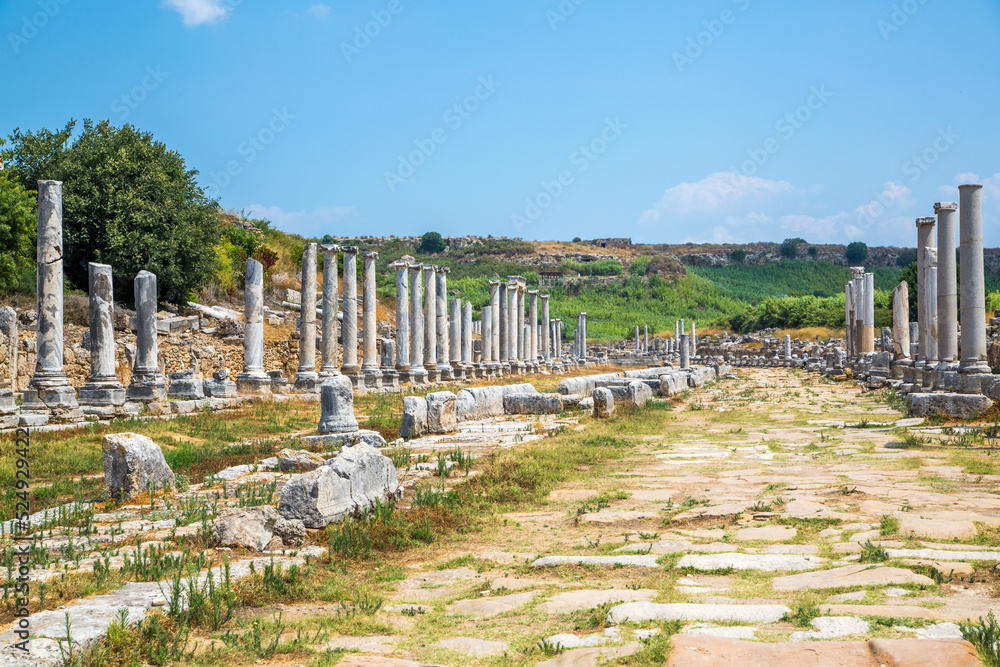 Perge, Colonnaded street and ruins of private houses on the sides ...