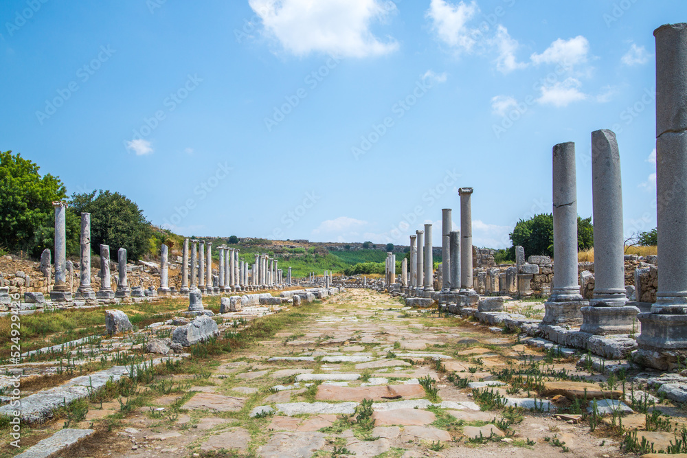 Perge, Colonnaded street and ruins of private houses on the sides ...