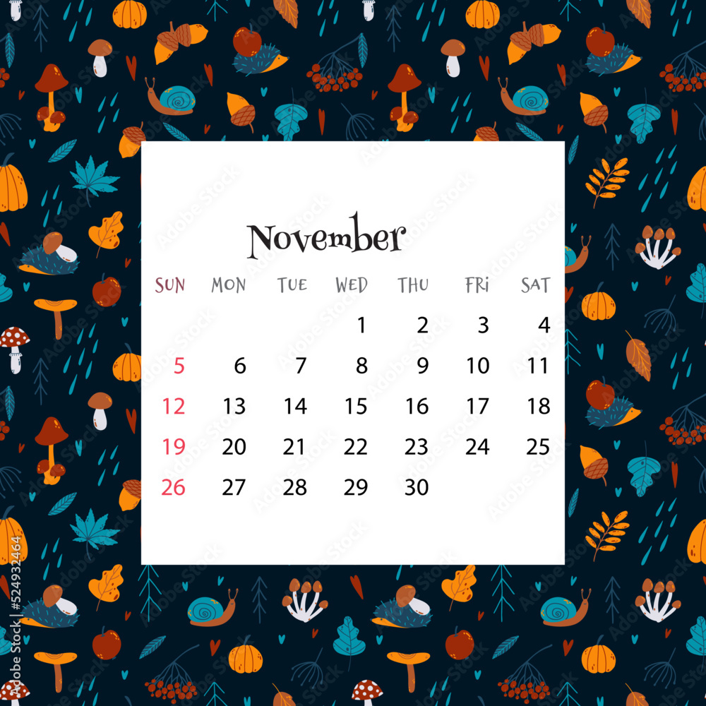 2023 Calendar for November. Vector illustration of month calendar on ...