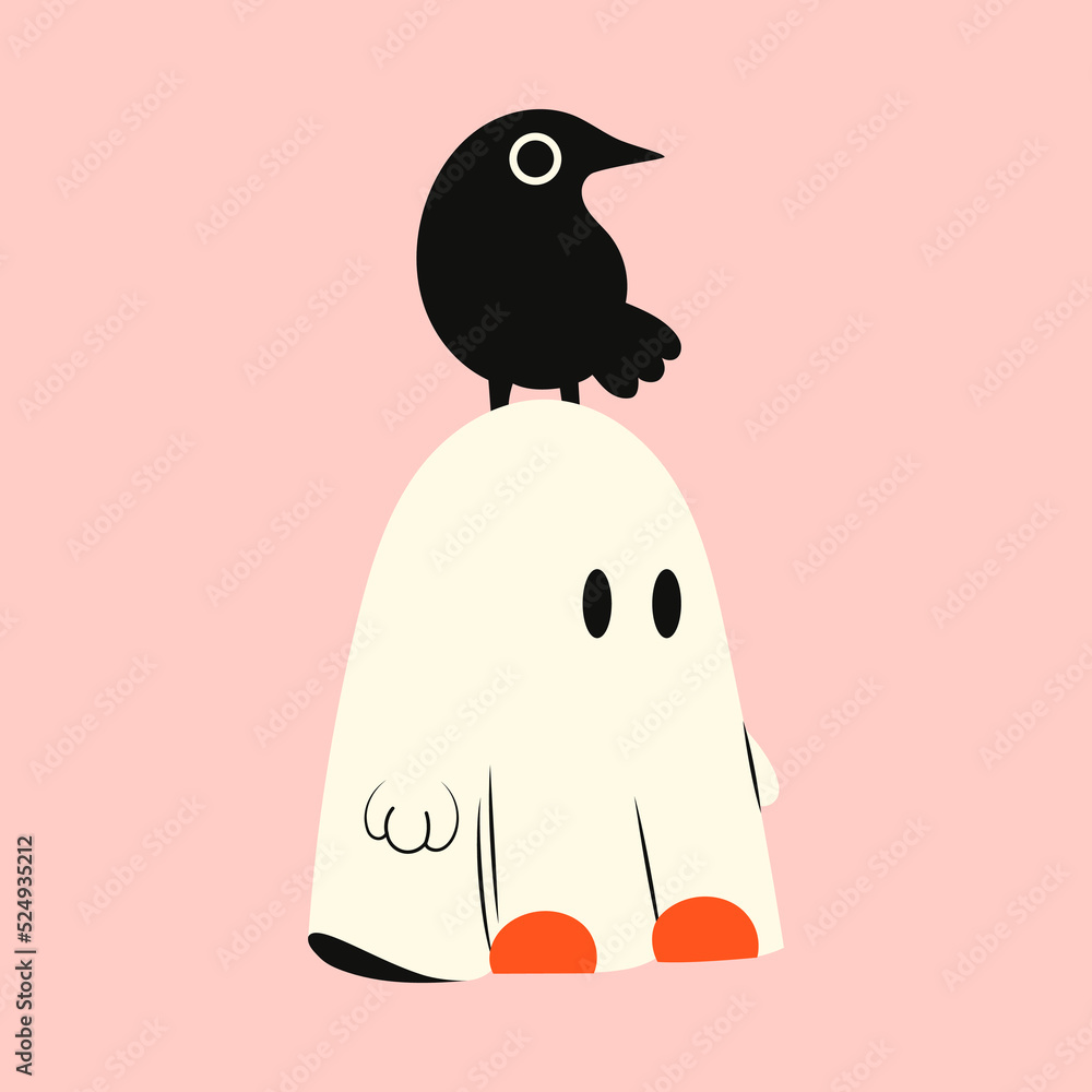 Halloween ghost. Phantom with a black raven on its head. Kawaii monster ...