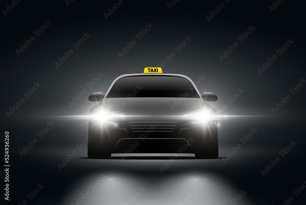 Taxi car front view in dark. Vector background night front view taxi ...