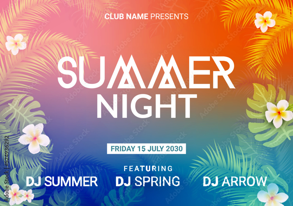 Summer night dance party beach flyer design. Summer night sunset ...