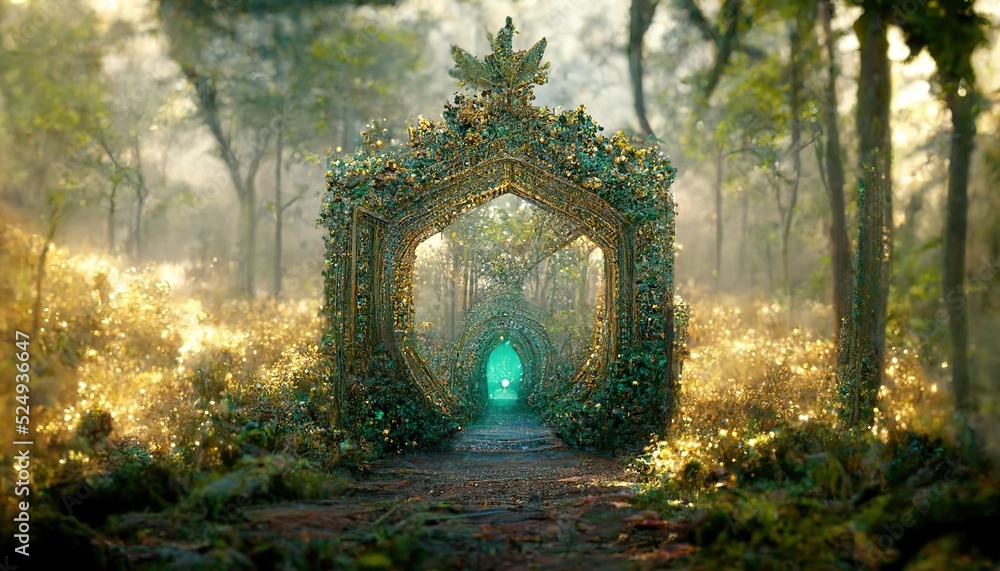 Raster illustration of several portals with precious stone, gold ...