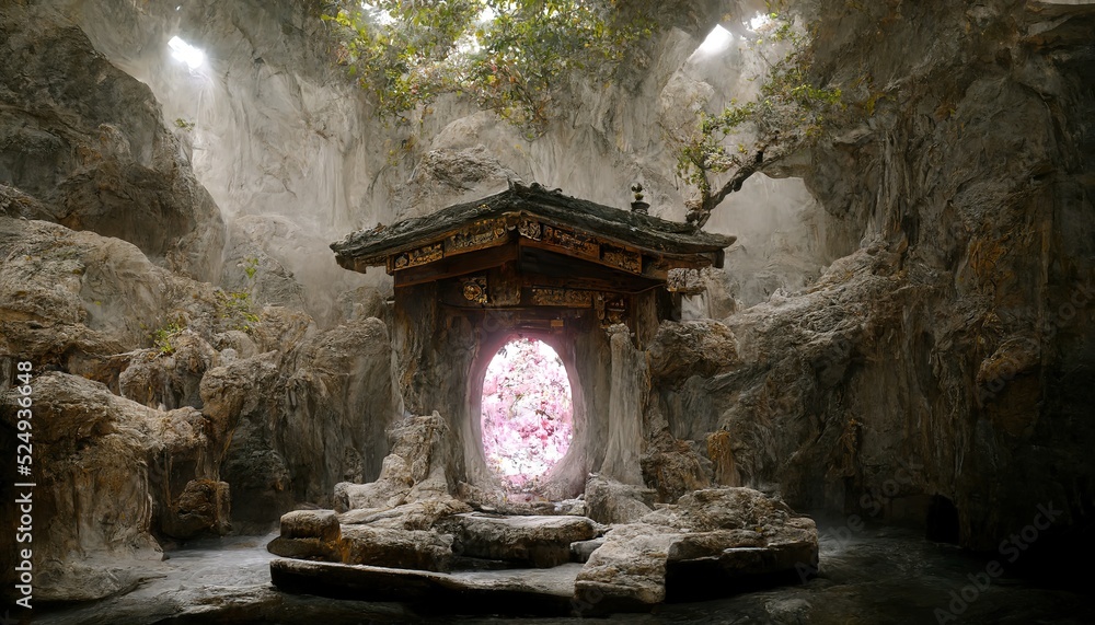 Raster illustration of a magical portal in a distant deep cave ...