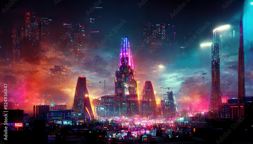 Raster illustration of distant future city with tall skyscrapers ...