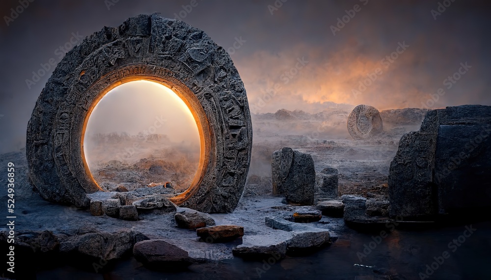 Raster illustration of ancient arch and pillars. portal to another ...