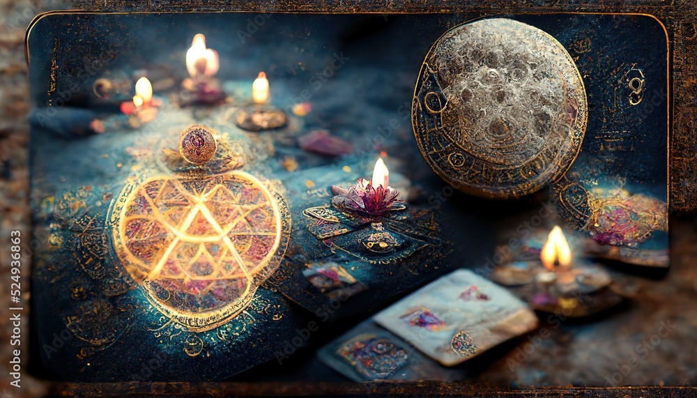 Raster illustration of card with ancient japanese relics. Asian lotus ...