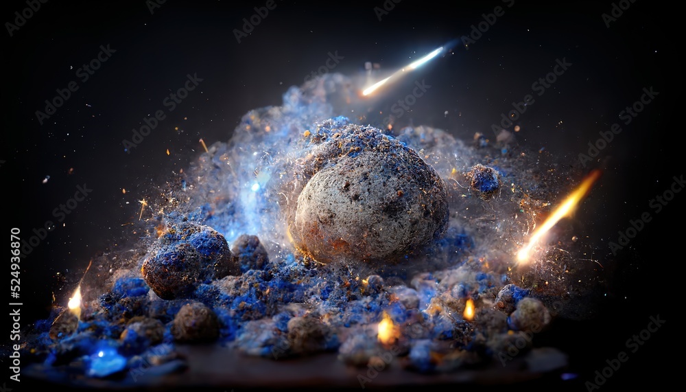 Raster illustration of burning gunpowder. Ignition, spark, fire, blue ...