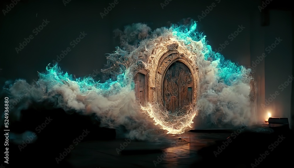 Raster illustration of wooden gate in dim clouds in an empty room ...