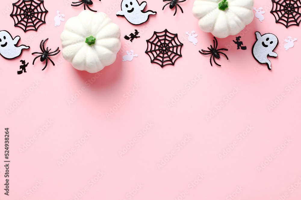 Modern Halloween pink background with pumpkins, spiders, web, ghosts ...