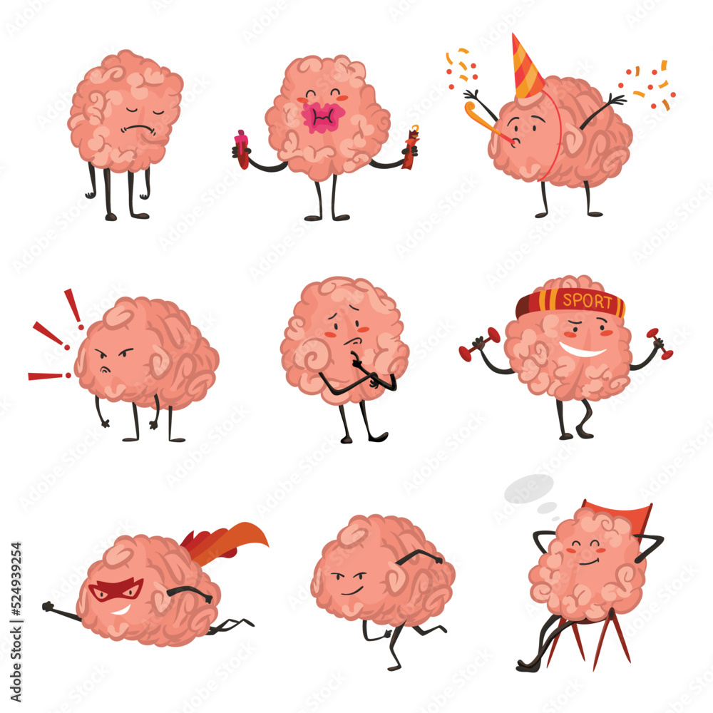 Brain character emotion. Intelligence emoji slipping loving or smiling ...