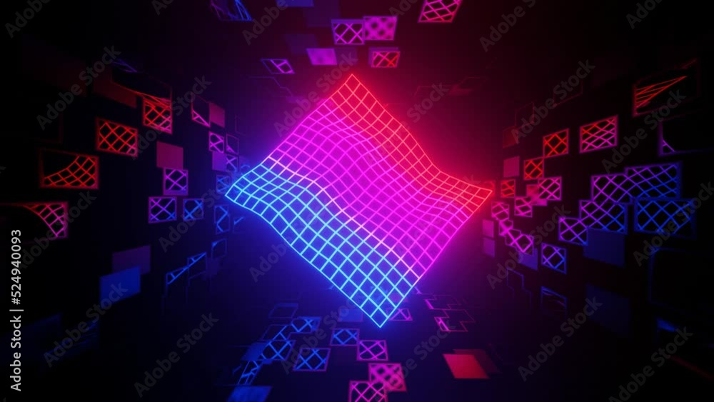 Vj loop mirror room with fly neon frame waving surface. Abstract ...
