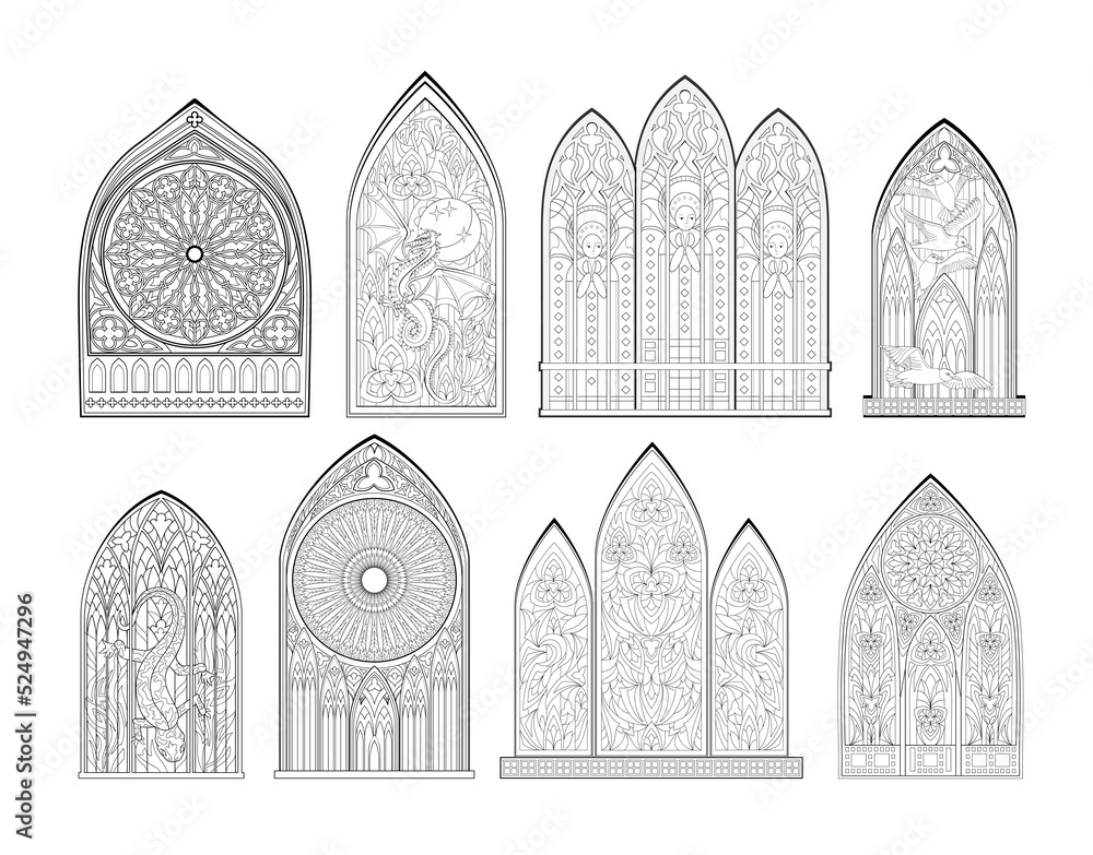 Set of beautiful gothic stained glass windows from French churches ...
