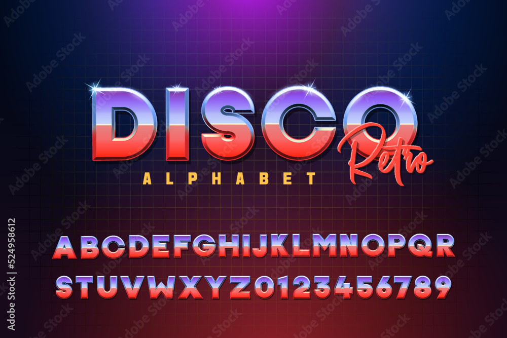 Disco Retro vector alphabet. Modern font with blue, purple and red ...