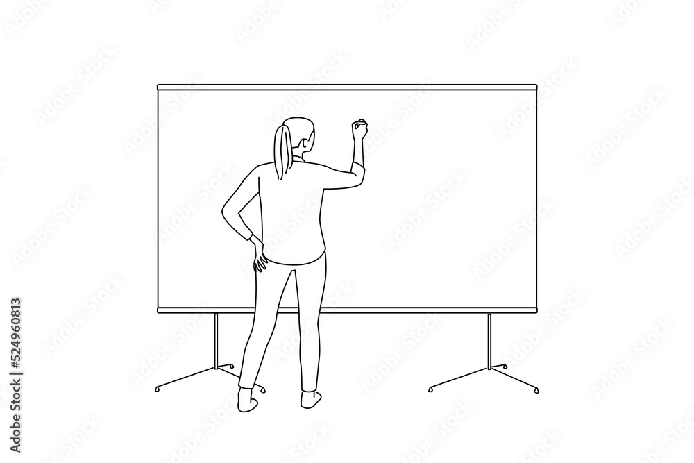 Drawing of young woman writing on a whiteboard in an office, back view ...