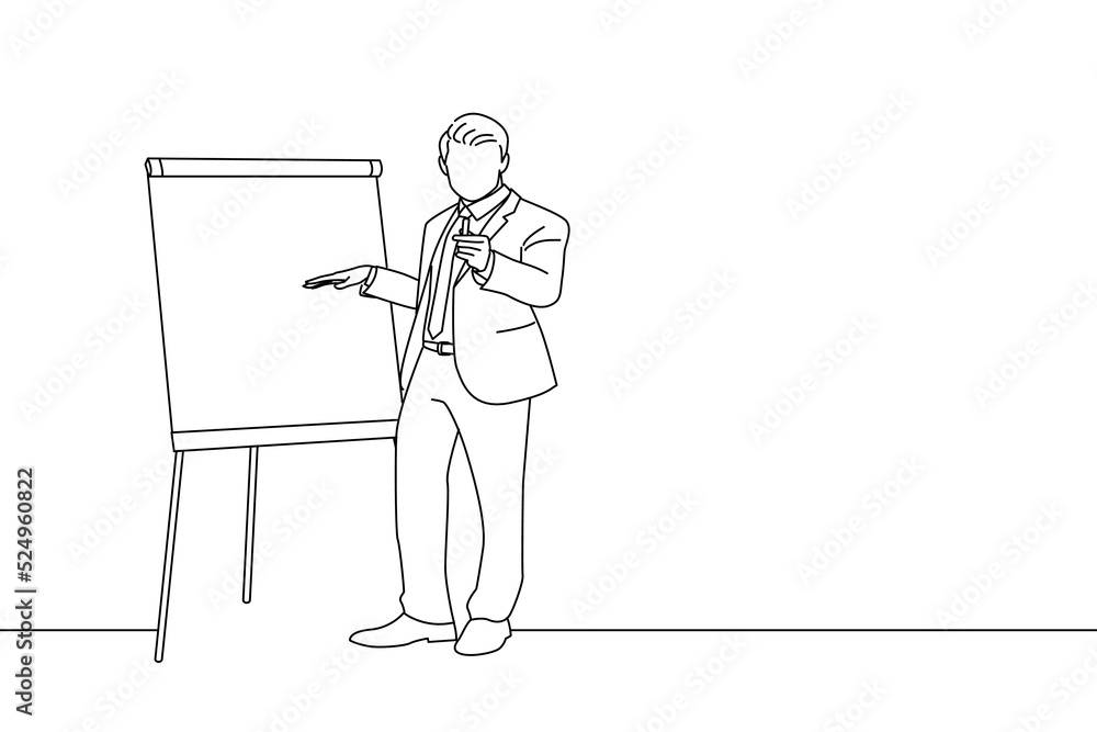 Cartoon of confident businessman making presentation on flipchart over ...