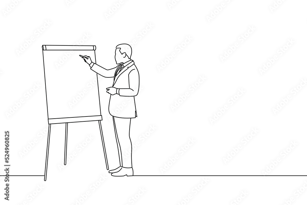 Drawing of businessman talk make whiteboard presentation for employees ...