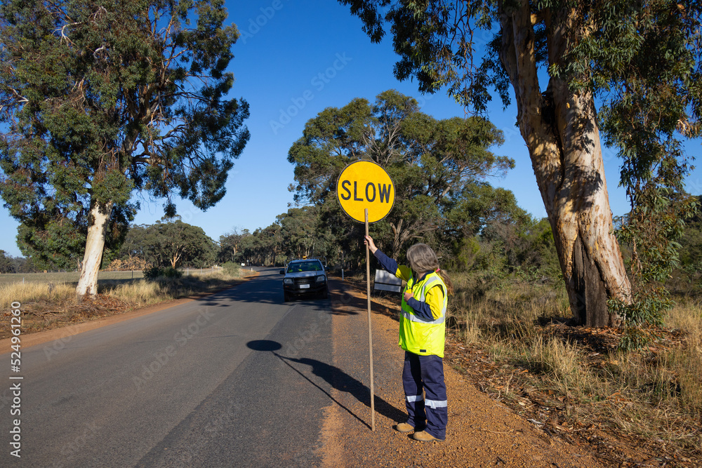 Road traffic controller standing on side of road with slow-stop ...
